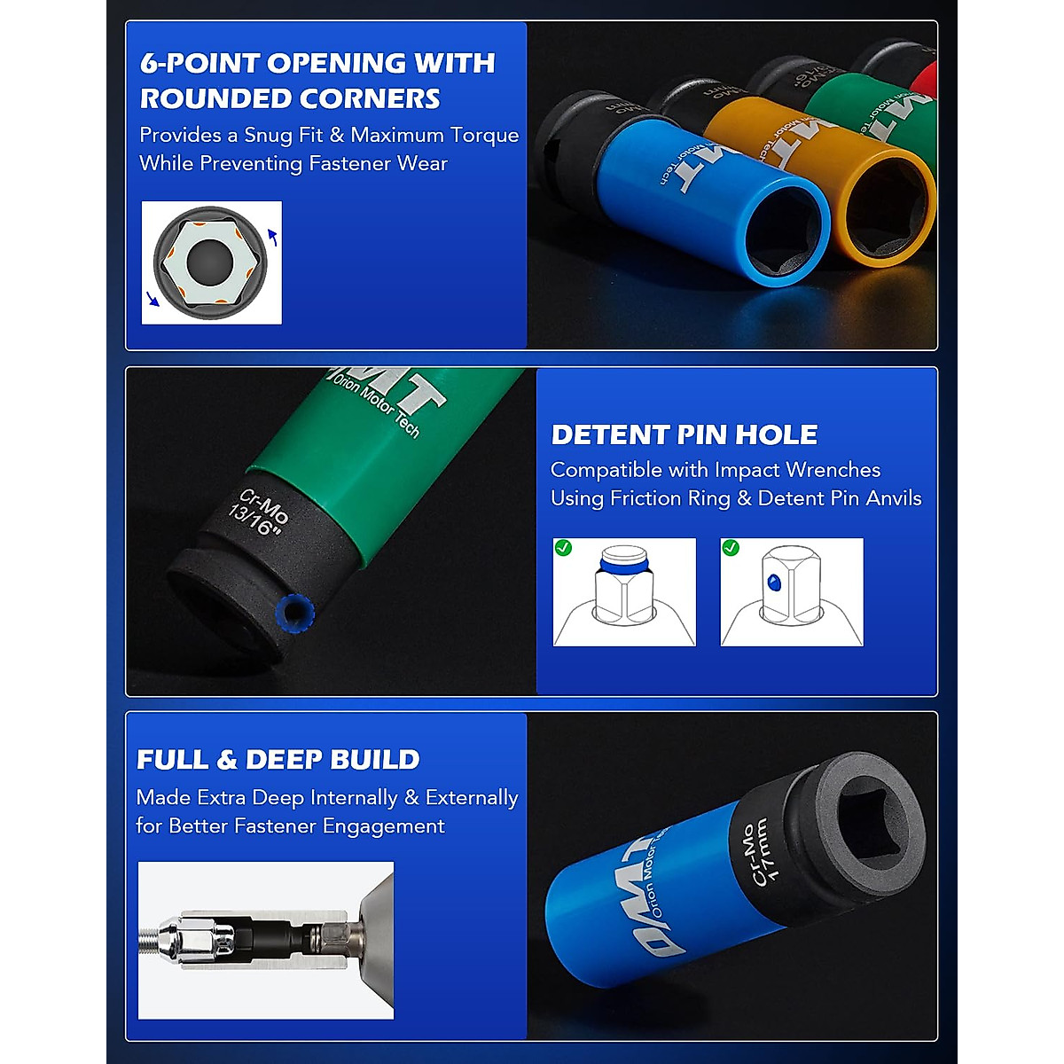 Orion Motor Tech 1/2" Drive Lug Nut Socket Set, Metric 17 19 21 mm & SAE 13/16 7/8 in. Wheel Socket Set, 5pc Impact Lug Nut Socket Set, Thin Wall Lug Nut Socket Set with Colored Protective Covers