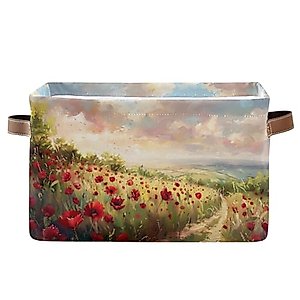 Storage Basket Red Poppies Field Canvas Collapsible Box Organizer Bin with Handles