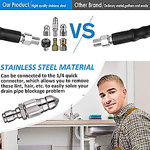 100FT Sewer Jetter Kit for Pressure Washer, 5800PSI Drain Cleaner Hose 1/4 Inch NPT Corner, Rotating Button Nose Sewer Jetting Drain Jetter Hose Nozzle Pearl Corsage Pin Spanners, Blue