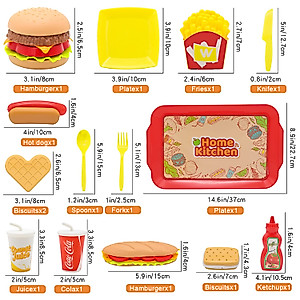 Sotodik Pretend Play Food Set for Children,Removable Fast Food Playset with Tray Hamburger Hotdog Fries Combo,Play Kitchen Accessories Role Play Toys,Educational Gift for Kids Boys Girls (15 PCS)