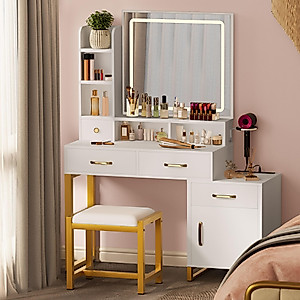 DWVO 43" Vanity Desk with Mirror, Lights, and Power Outlet, Makeup Vanity Set with Adjustable 3-Mode Lighting, Vanity Desk with Multiple Storage Options, and Stool, Bedroom Beautification, White