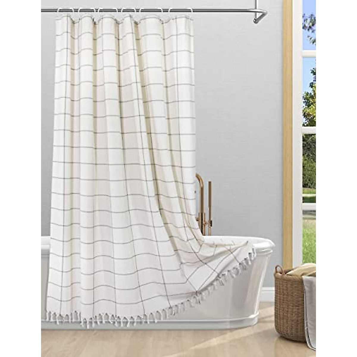 SUMGAR Cotton Shower Curtain Boho Farmhouse Shower Curtains for Bathroom with Tassels & Hooks, White Fabric Grey Checkered Bohemian Fringe Shower Curtain Set, 72" x 72"