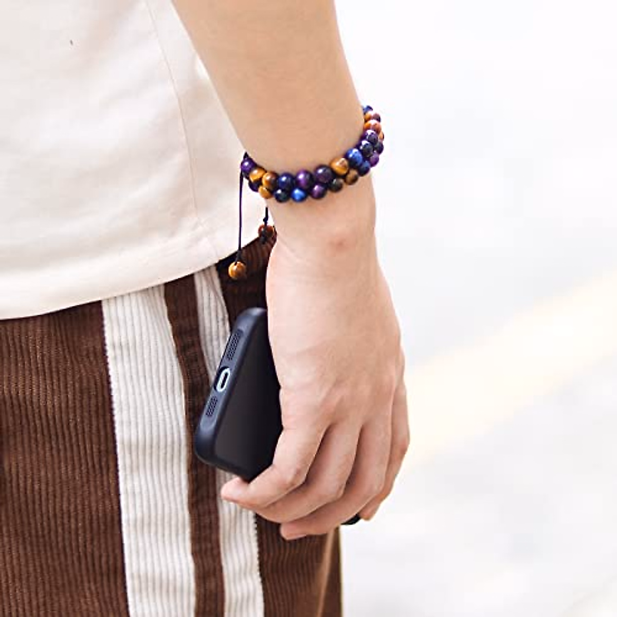 KOPHINYE Blue Tiger Eye Bracelet, Triple Protection Bracelet for Men Women, Handmade Bracelet 8mm Bead, Purple Tiger Eye Bracelet Bring Health, Luck and Prosperity