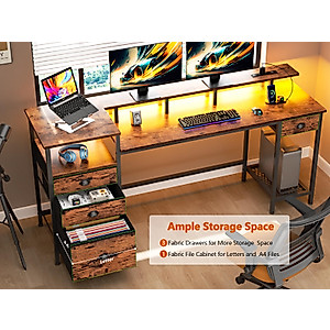 Furologee Computer Desk with 4 Drawers, 60" Office Long Desk with Fabric File Cabinet and Power Outlets, Gaming Desk with LED Lights, Study Writing Work Desk for Home Office, Rustic Brown
