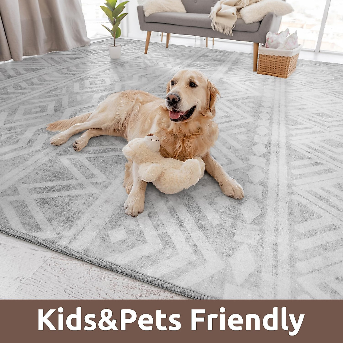 5x7 Area Rugs for Living Room, Ultra Soft Boho Moroccan Washable Carpet, Neutral Non-Slip Backing Dining Room Rugs, Low Pile Carpet for Bedroom Home Office