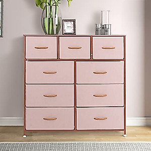 Prime Garden Wide Dresser Storage Tower with 9 Drawers, Steel Frame, Wood Top, Wood Handle, Furniture Fabric Organizer Unit for Bedroom, Hallway, Entryway, Closets, Rose Gold