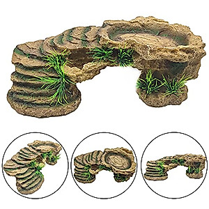 Hamiledyi Turtles Basking Platform 3Pcs Resin Bearded Dragons Climbing Step Ramp Tortoise Resting Dock Rock Hideout with Feeder Bowls for Reptile Lizards Chameleons Geckos Frogs Newts Snakes