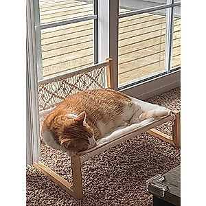 Mkono Boho Cat Bed Hammock with Blanket, Macrame Elevated for Indoor, Floor Standing and Breathable Chair for Resting, Furniture Gift for Cats and Small Dogs