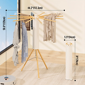 Tripod Drying Rack Portable, Foldable Drying Rack Clothing with 12 Wood Drying Arms, Standing Laundry Hanger Rack Round Collapsible & Portable Handle for Laundry Room, Balcony, Bedroom, RV
