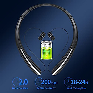 Neckband Bluetooth Headphones, Retractable Earbuds Wireless Headset Sports Noise Cancelling Stereo Earphones with Microphone Compatible with iPhone, Android, Samsung, iPad, PC (Black)