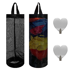 2 Pcs Plastic Bag Holder Trash Bags Storage Dispenser Organizer for Home Kitchen Mesh Hanging Storage Dispensers Recycling Garbage Folding Hanging Storage Bag Grocery Bags Holder with 4 Hooks (Black)