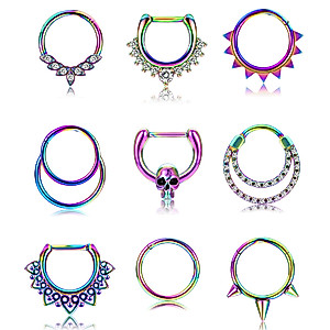 REVOLIA 9Pcs 16G Stainless Steel Septum Rings Clicker Ring Hoop Nose Ring Cartilage Helix Daith Tragus Earring Hinged Piercing C