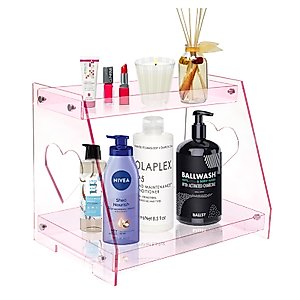 ROYALITA 2 Tier Pink Heart Bathroom Countertop Organizer Display Shelf, Acrylic Tray Vanity Perfume Storage Skincare Organizer for Counter, Cute Bathroom Sink Cosmetic Organizer Shelf