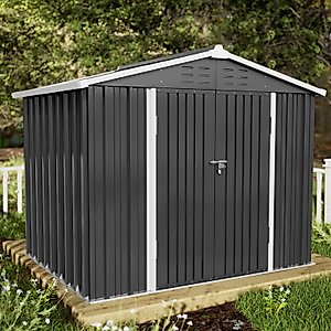 Outdoor Storage Shed, Amopatio Heavy Duty Galvanized Metal Garden Shed Backyard Storage Shed Outside Tool Storage Shed House (8' x 6', Black)