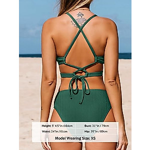 CUPSHE Bikini Set for Women Two Piece Swimsuits Triangle Top Mid Rise Crisscross Back Tie Cutout Spaghetti Straps, M DarkGreen