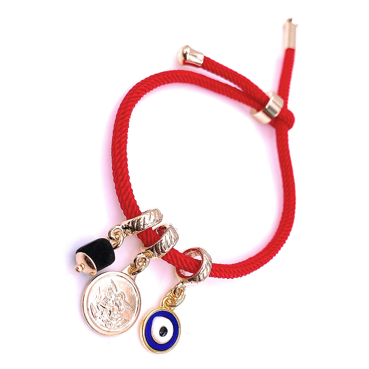 LESLIE BOULES Red Charm Bracelet Saint Michael Archangel Medal Genuine Azabache Stone and Blue Evil Eye Pendant