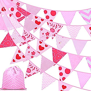 Tatuo 40 Feet Fabric Pennants Bunting Banner Triangle Flag Garland Vintage Bunting 42 Pieces Floral Triangle Flags Cloth Garland for Birthday Parties Valentine Decoration (Pink Hearts)