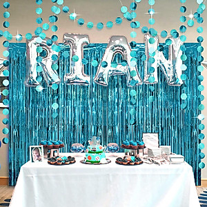 Teal Blue Tinsel Foil Curtain Backdrop Circle Dot Garland Party Decoration Birthday Proposal Wedding Engagement Bridal Baby Shower Party Supplies