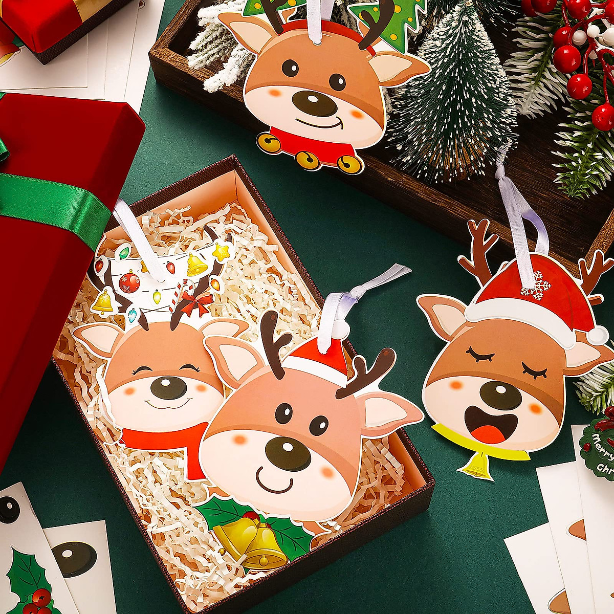 Yinder 48 Pcs Christmas Craft Kit Bulk Christmas Arts and Crafts DIY Christmas Tree Ornament Kit Make Your Own Xmas Tree Ornaments Self Adhesive Sticker Sheets for Xmas Tree(Christmas Reindeer)