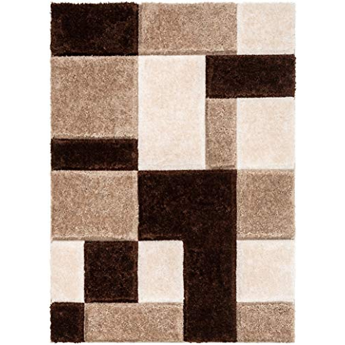Well Woven Ella Brown Geometric Boxes Thick Soft Plush 3D Textured Shag Area Rug 4x6 (3'11" x 5'3")