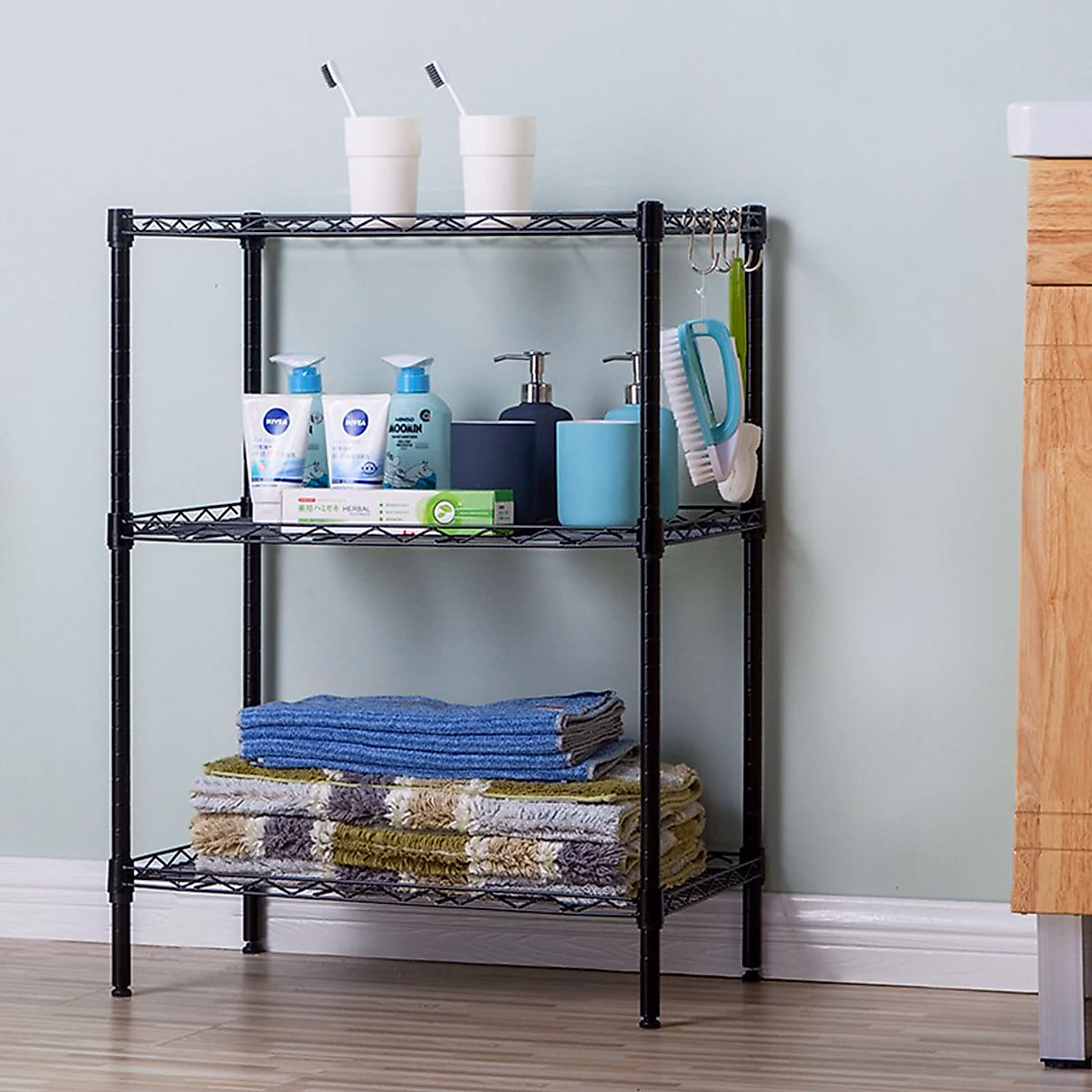 3 Tier Wire Shelving Unit, Adjustable Wire Rack, Metal Storage Shelves for Kitchen, Pantry, Laundry, Bathroom, Closet (13.5" D x 23" W x 31.5" H, Black)