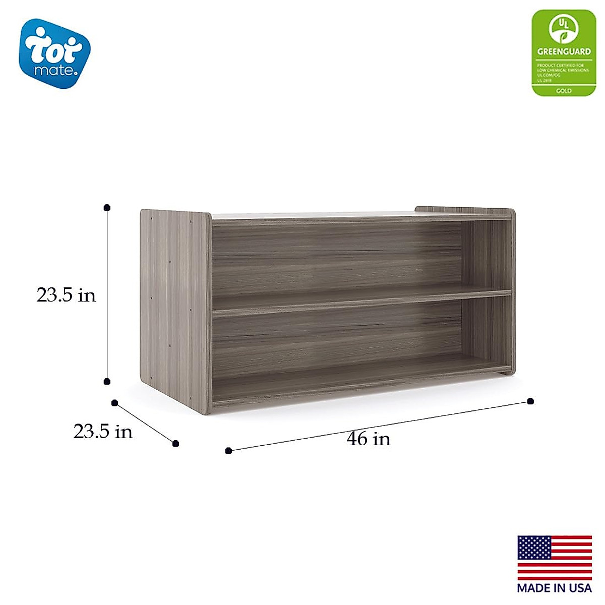 Tot Mate Preschool Double-Sided Wooden 2-Shelf Storage Organizer - Classroom Furniture for Daycare and Playroom, 46" W x 23.5" H (Shadow Elm Gray, Ready-to-Assemble)