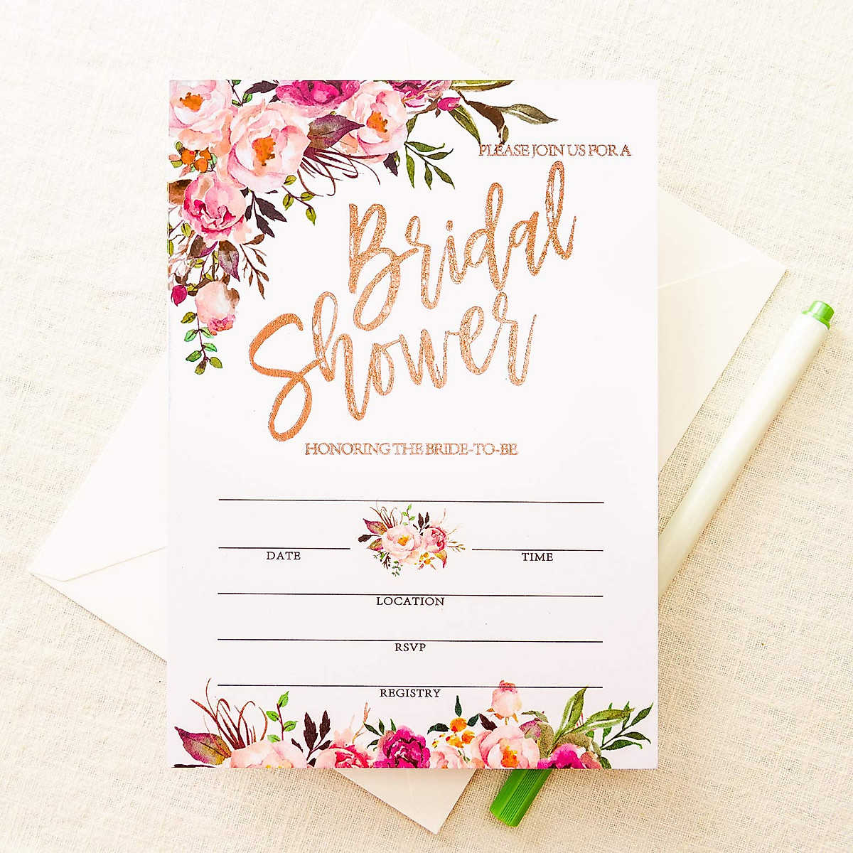 Crisky Rose Gold Foil Bridal Shower Invitation with Envelopes, Bridal Shower Invite, Wedding Shower Invitations, 25 pcs Cards & 25 pcs Envelopes & 25 pcs Stickers