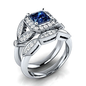 IDEALJEWEL95 1.35 ct Blue & White Sapphire Sterling Silver Bridal Ring Set Free Size For Women Engagement Ring/Wedding/Valentines