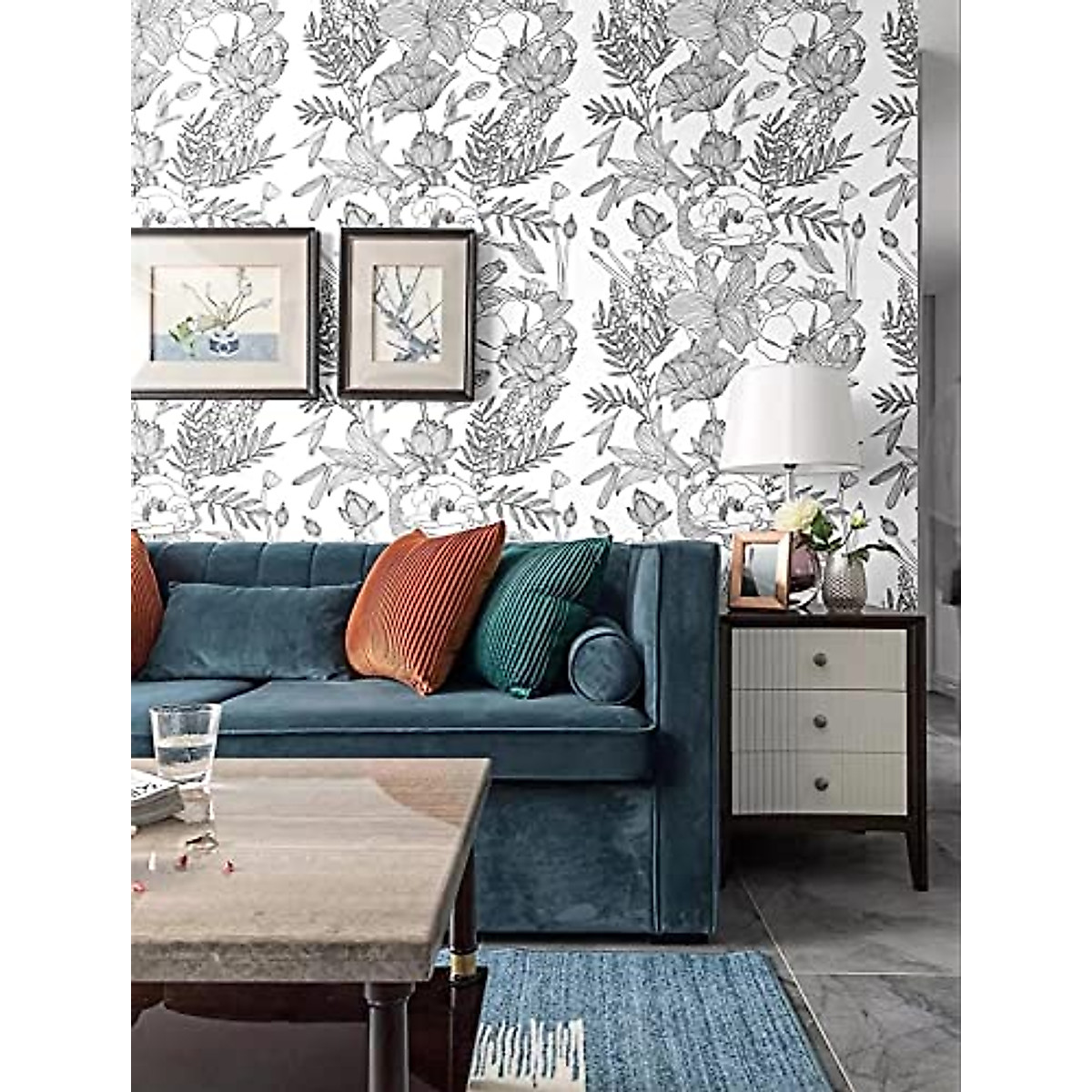 Blooming Wall Black White Elegant Modern Lotus Lily Leaf Peel and Stick Wallpaper Self-Adhesive Prepasted Wallpaper Wall Mural Wall Decor (17.7“x118”, Black/White)