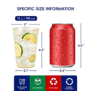 JOLLY CHEF 100 Pack 12 oz Gold Plastic Cups, Disposable Gold Cups,Heavy-duty Clear Plastic Tumblers, Gold Glitter Cups, Disposable Cups for Wedding, Thanksgiving, Christmas Party