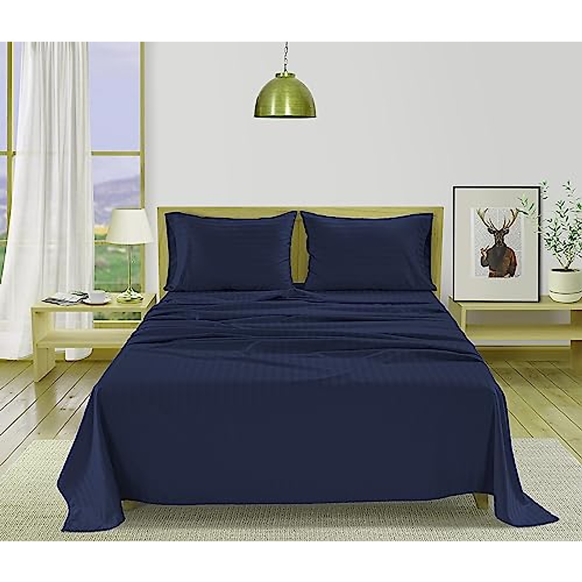100% Egyption Cotton Queen Size Solid Sheet Set & Striped Sheets Set of 2 Combo- 800 Thread Count Sateen Weave Queen Size Solid Sheets & Striped Sheets, Deep Pocket Cotton Bedsheets - Dark Denim