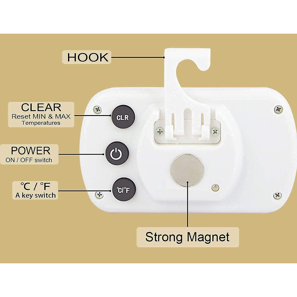 AEVETE Waterproof Digital Refrigerator Thermometer Large LCD Freezer Room Thermometer with Magnetic Back No Frills Easy to Read, 1 White 1 Black
