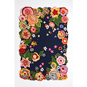 Handmade Colorful Roses Floral Wool Area Rug | Irregular Shape, Blossom & Vibrant Multi-Colored Garden Flower Pattern | Thick & Soft Carpet for Living, Bedroom & Kitchen Deco (Navy, 5' x 8')