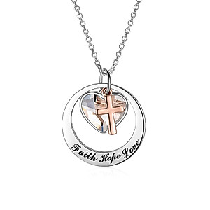 AOBOCO Two-Tone Sterling Silver and Rose Gold-Faith Hope Love Cross Charm Pendant Necklace with Austrian Crystal