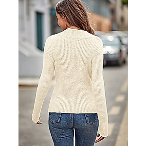 ZAFUL Women's Criss Cross V Neck Sweaters 2024 Dressy Casual Front Slit Ribbed Knit Pullover Sweater Jumper Tops Cream