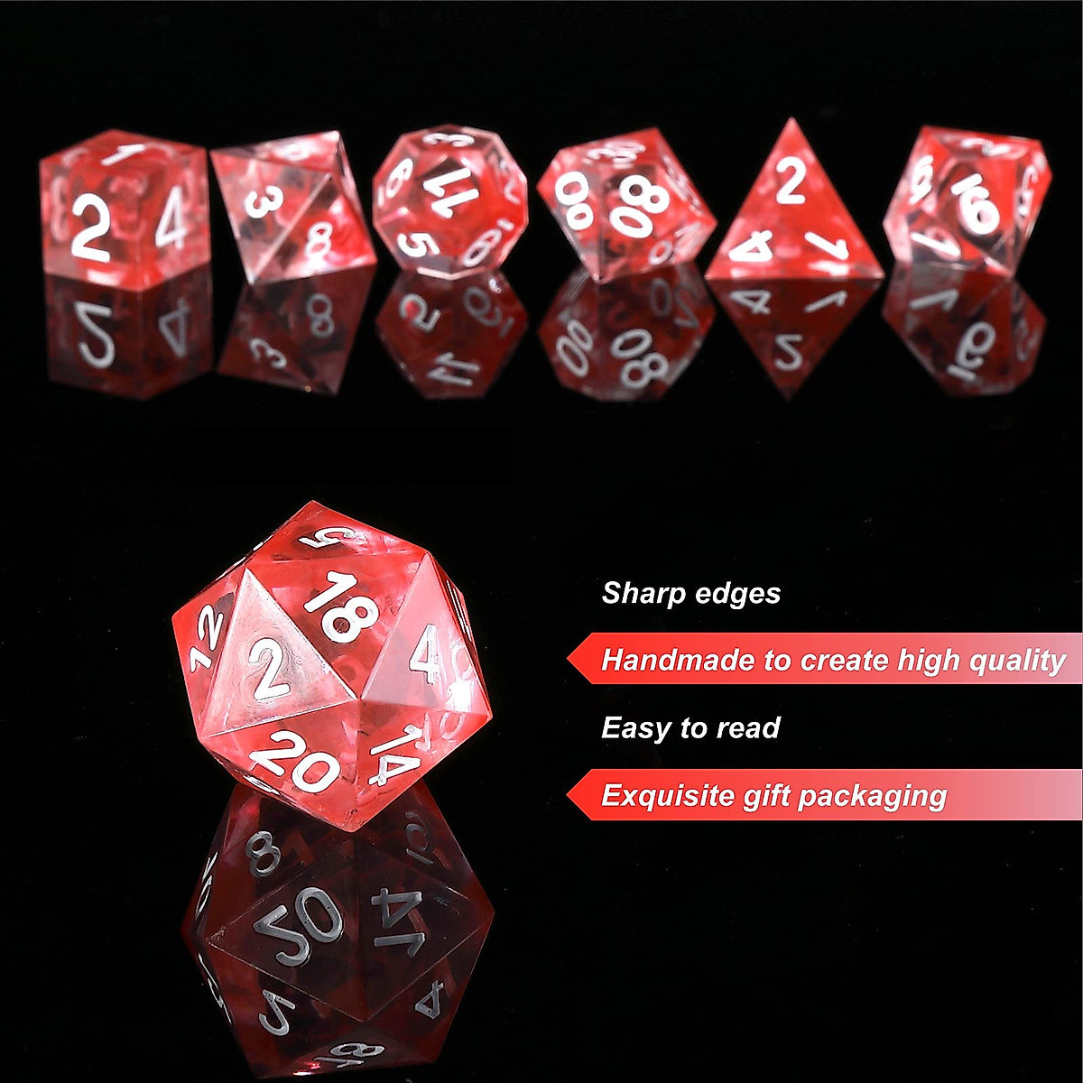 DAKAFUL DND Game Dice-Set Sharp Edges - Dungeons and Dragons Polyhedral Red Dice Set for D＆D RPG MTG Table Games D4 D6 D8 D10 D12 D20