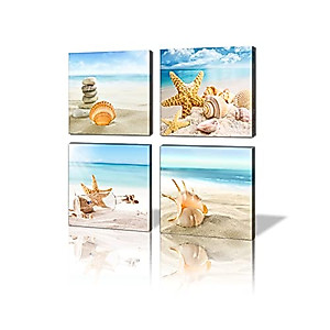 Cbaipy Ocean Wall Art, Bathroom Wall Art, Beach Wall Art Decor, Modern Canvas Wall Art Decorations for Bathroom Bedroom and Living Room (Starfish, 12" Wx12 Hx4pcs)