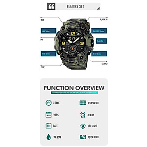 KXAITO Men's Watches Sports Outdoor Waterproof Military Watch Date Multi Function Tactics LED Alarm Stopwatch (1637_Camo_Green)