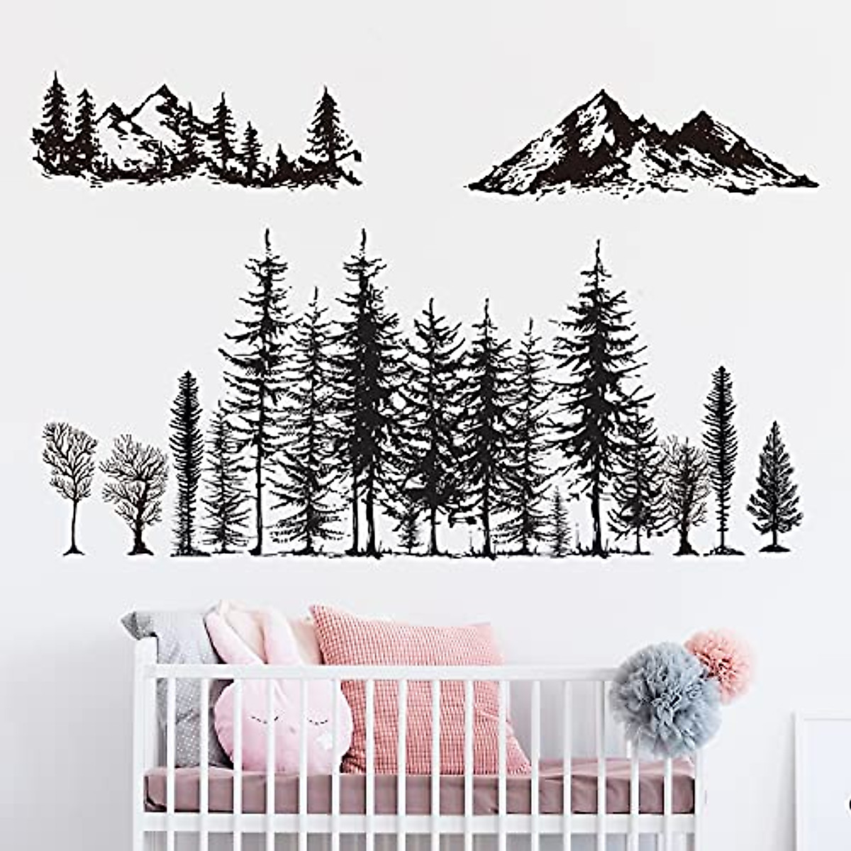 3 Sheets Mountain Forest Bear Wall Decals Stickers Pine Tree Wall Decals Woodland Trees Wall Stickers Deer Forest Decals for Kids Nursery Bedroom Living Room Decor, 11.8 x 35.4 Inches (Bear)