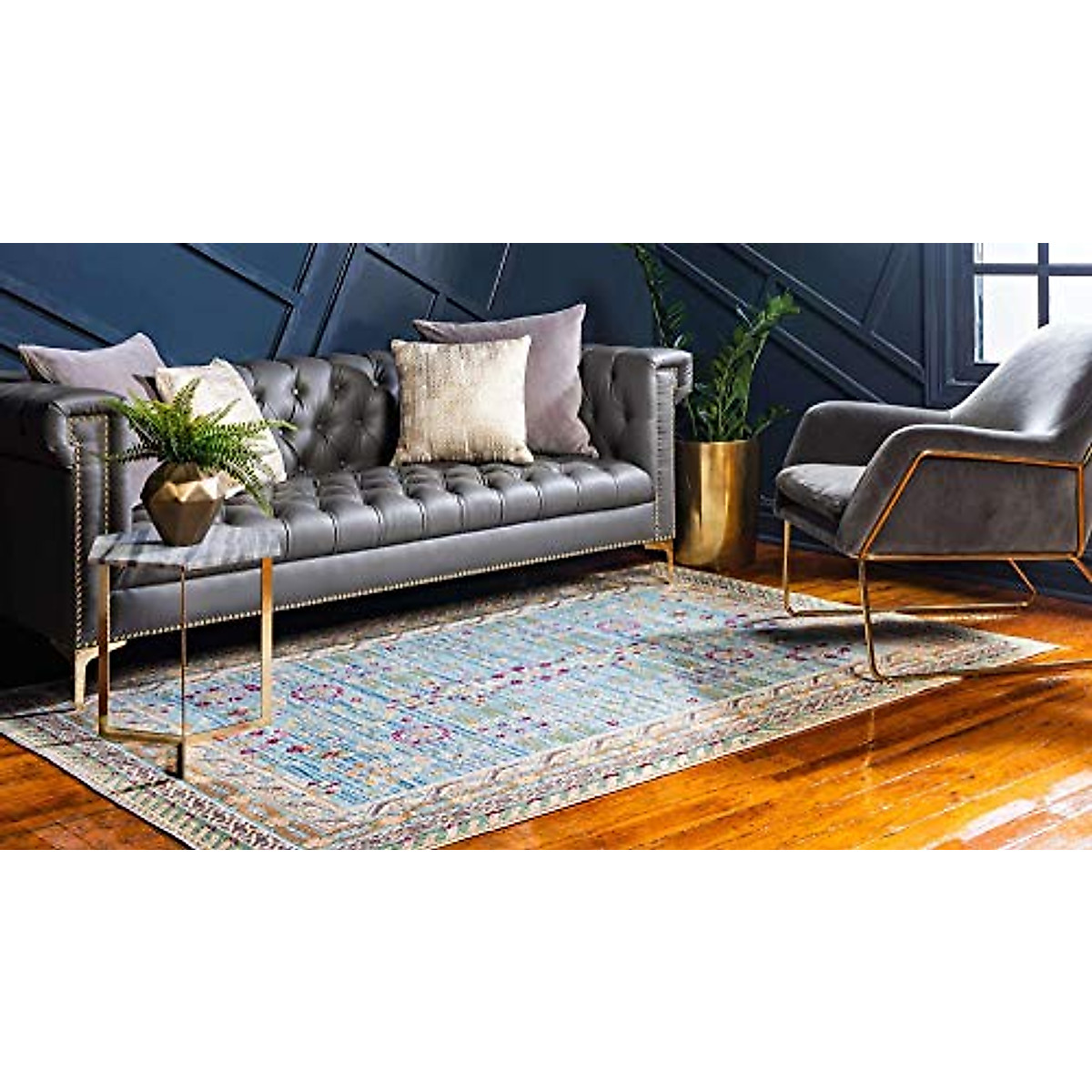 Unique Loom Austin Collection Traditional Border, Floral, Vintage Area Rug, 8' 0" x 10' 0", Blue/Green