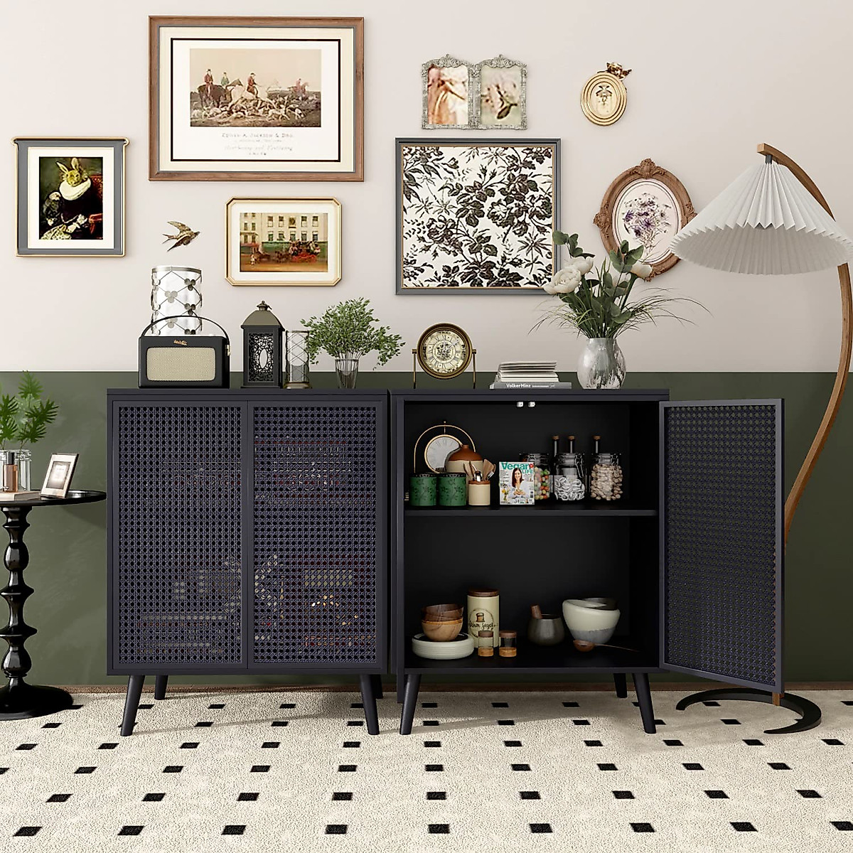 JZXSHD Metal Rattan Accent Cabinet - 2 Door Buffet Storage for Kitchen, Living Room and Hallway, Black