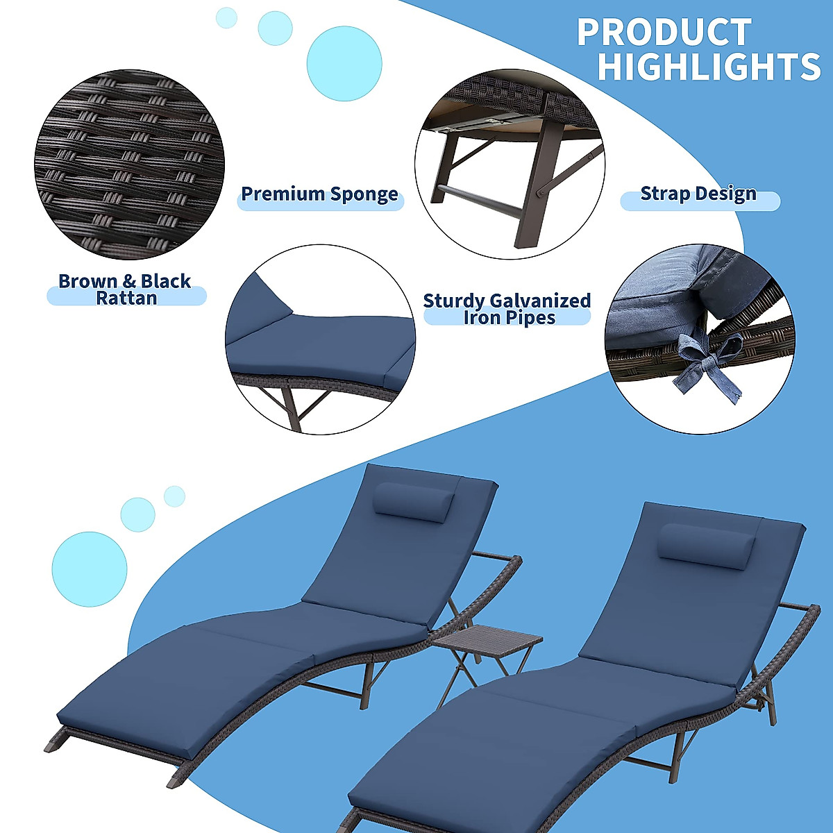 ALAULM Pool Lounge Chairs Outdoor Adjustable Chaise Lounge Chairs w/Sponge Cushion,2 Foldable & Portable Chairs and 1 Table for Poolside Patio Courtyard Seaside,Dark Blue