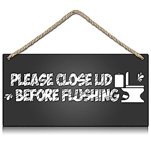IARTTOP Bathroom Wood Sign-12.5x25cm,Toilet Warning Sign Wooden Plaque Hanging Wall Art ,Please Close Lid Before Flushing Hanging Washroom Bathroom Toilet Home Decoration