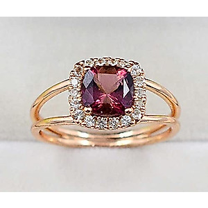 Natural Pink Tourmaline 7 MM Cushion Cut Gemstone 925 Sterling Silver October Birthstone Solitaire Unisex Ring For Christmas Gift (Rose Gold Rhodium Plated Silver, 8.5)