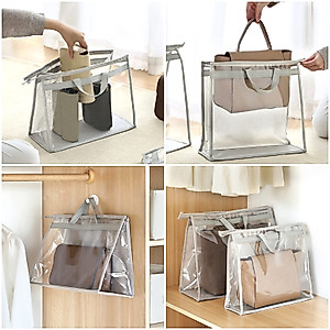 FuninCrea 4 Pack Handbag Storage Clear Handbag Dust Bags with Zipper and Handle Dustproof Moistureproof Handbag Storage Organizer, Purse Storage Organizer for Closet (Grey)