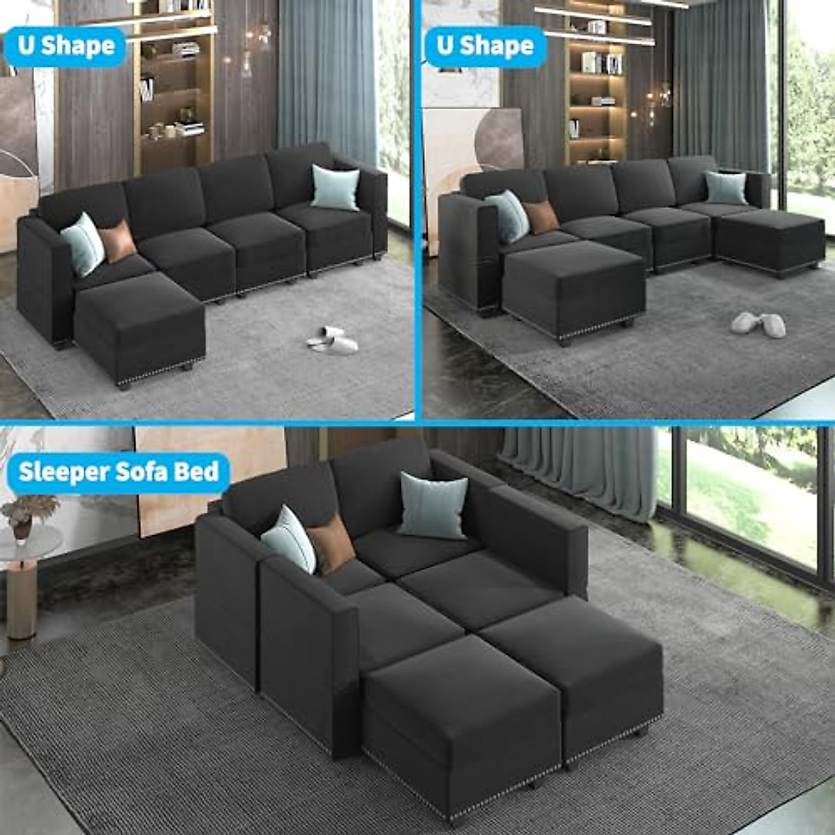 Mjkone Modular Sectional Sofa with Adjustable Armrest and Backrest for Living Room，U Shaped Couch 6 Seater Convertible Sectional Couch with Storage Ottoman -Dark Grey