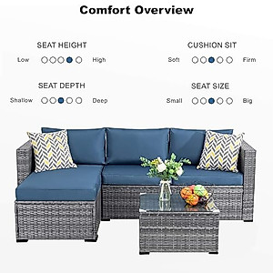 Shintenchi Patio Furniture Sets 3 Pieces Outdoor Sectional Sofa Silver All-Weather Rattan Wicker Sofa Small Patio Conversation Couch with Washable Cushion and Glass Table(Aegean Blue)