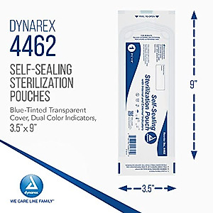 Dynarex Sterilization Pouches - Self-Sealing Autoclave Bags for Medical, Dental, Tattoo & Nail Care Tools - Blue-Tinted Transparent Cover, Dual Color Indicators - 3.5" x 9", 1 Box of 200