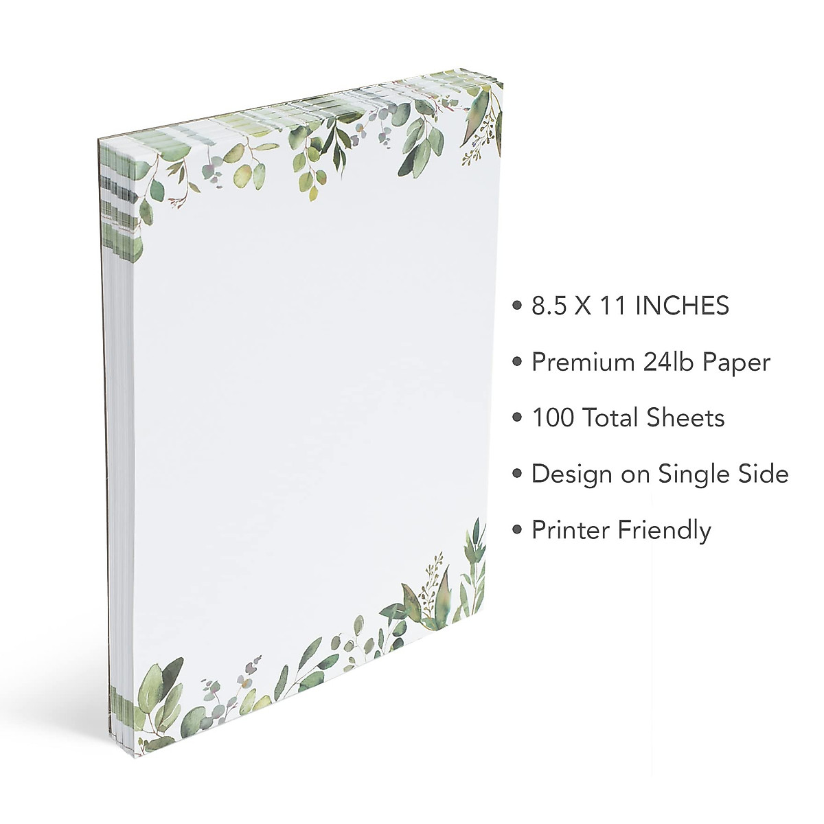 Leaf Border Stationery Writing Paper 100 Sheets, Greenery Letterhead Paper 8.5 x 11 Inches, Elegant Writing Paper, Pretty Stationary Paper, Decorative Printer Paper