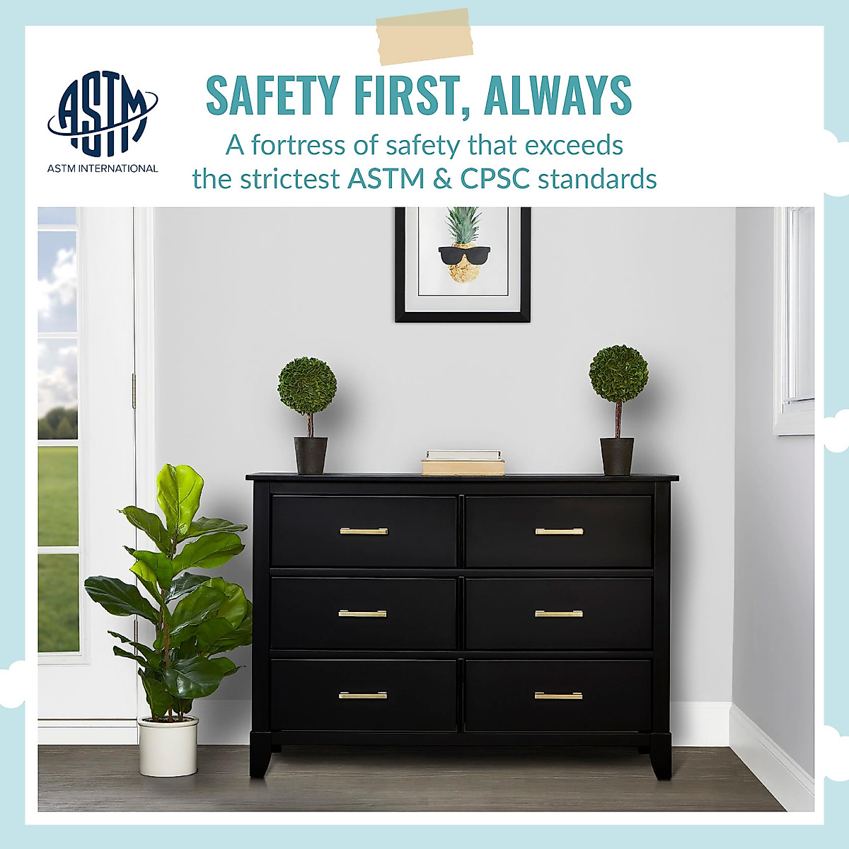 Dream On Me Universal Double Dresser in Black W Gold, Kids Bedroom Dresser, Six Drawers, Mid-Century Modern, Made of Solid Pinewood, Easy Assembly